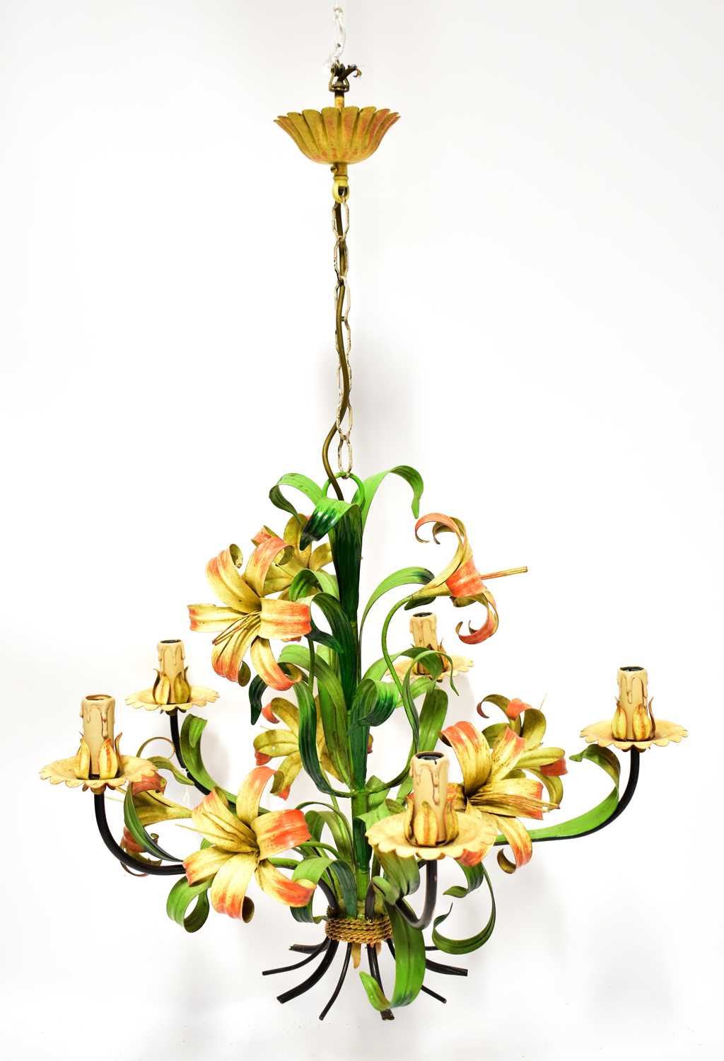 Lot 148 - A painted toile metal five-branch chandelier