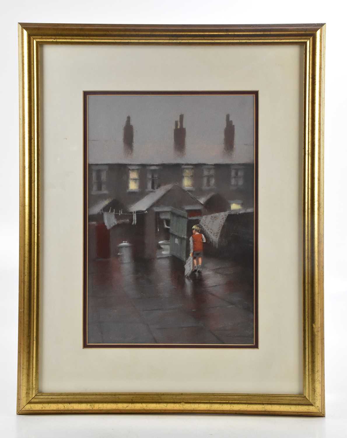 Lot 102 - MARC GRIMSHAW (b.1957); pastel, boy in alley,