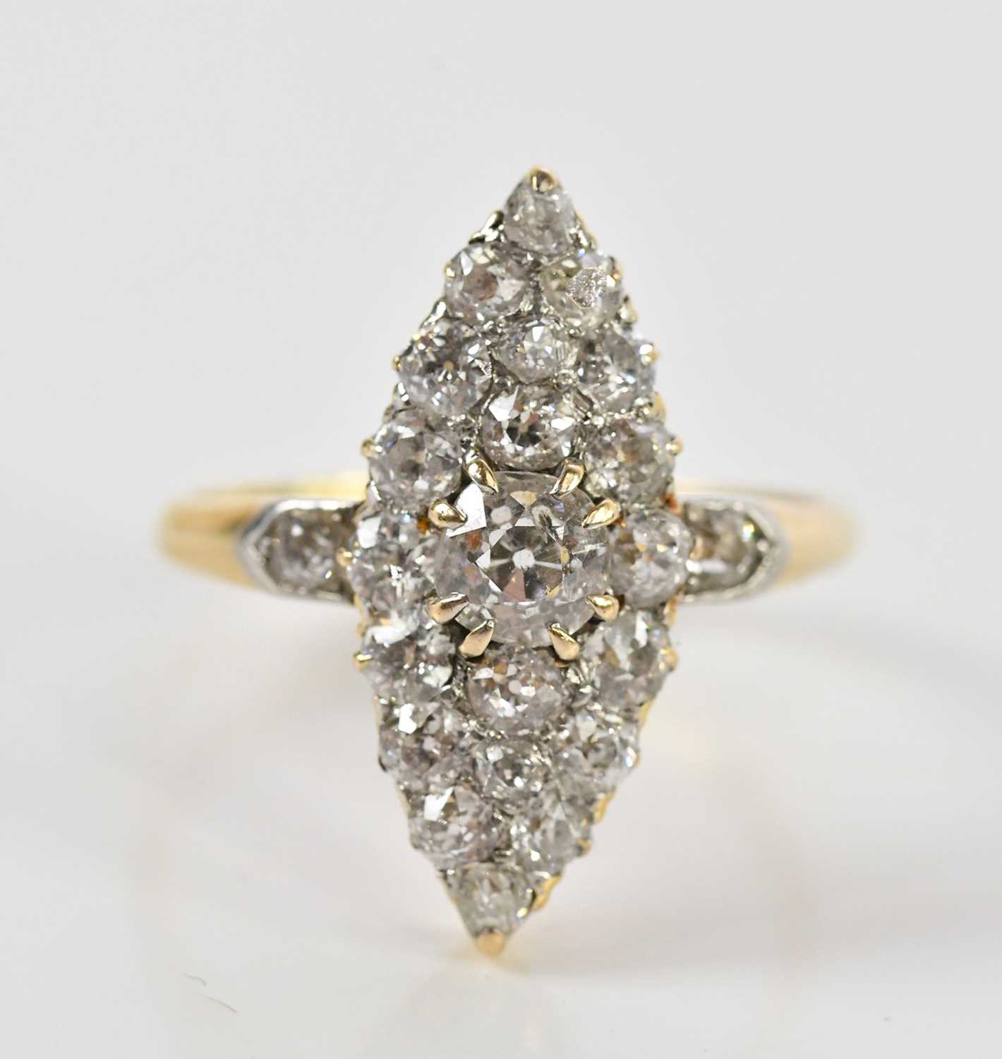 Lot 44 - An 18ct yellow gold diamond boat shaped ring,