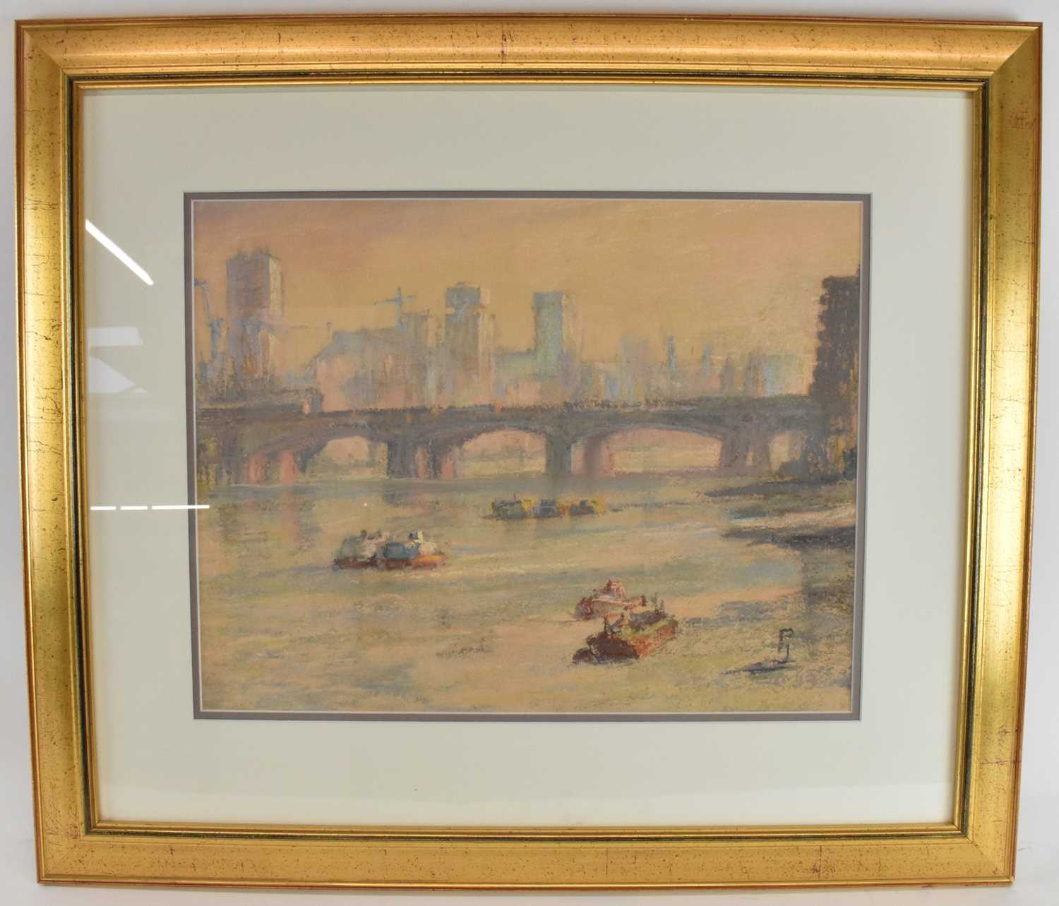 Lot 218 - PAT JOBSON; a pastel drawing, 'Boats on The
