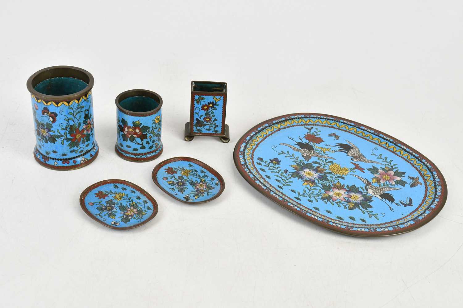 Lot 30 - A Japanese cloisonné six piece desk set,