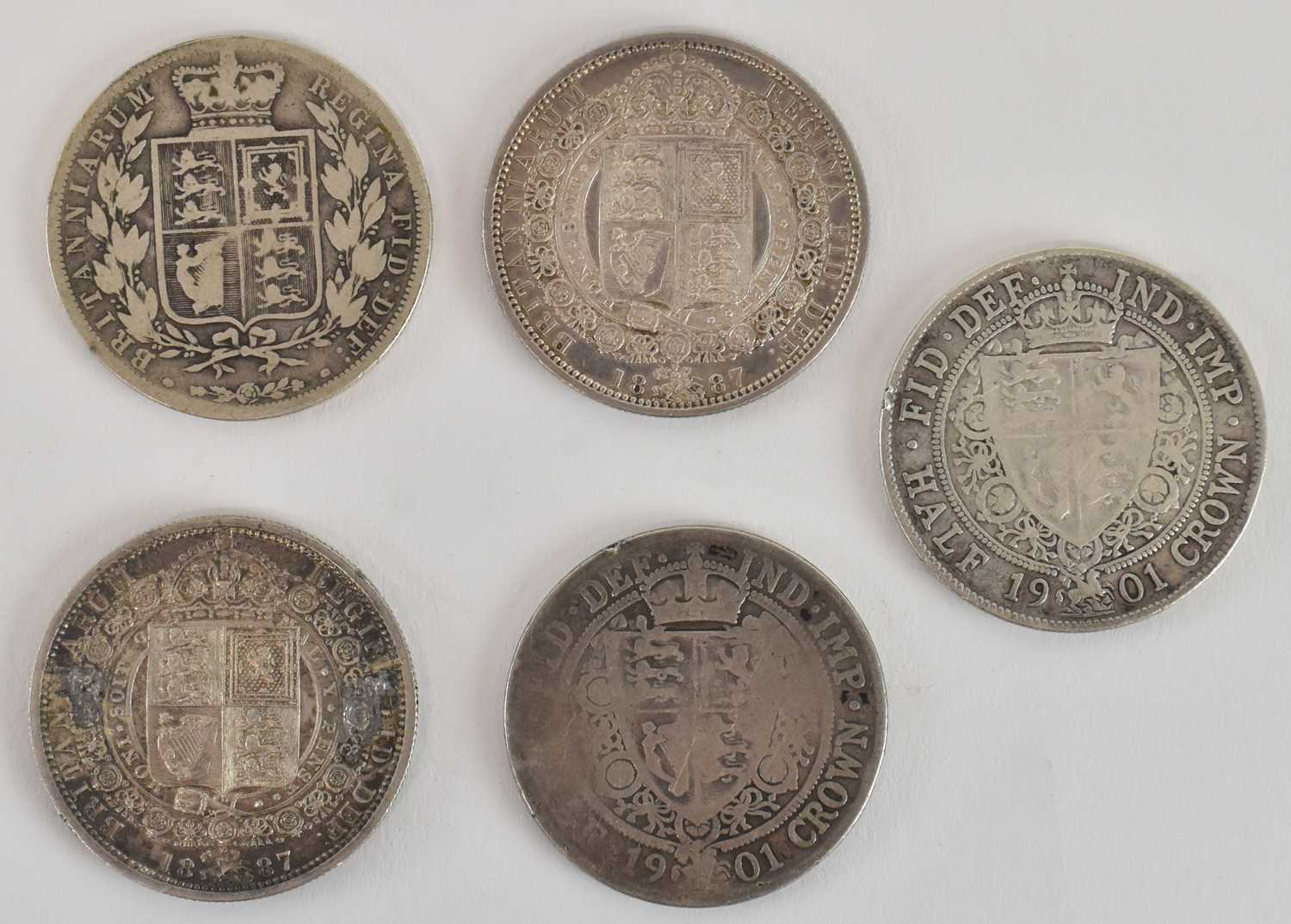 Lot 1440 - Five Victorian shield back half crowns,