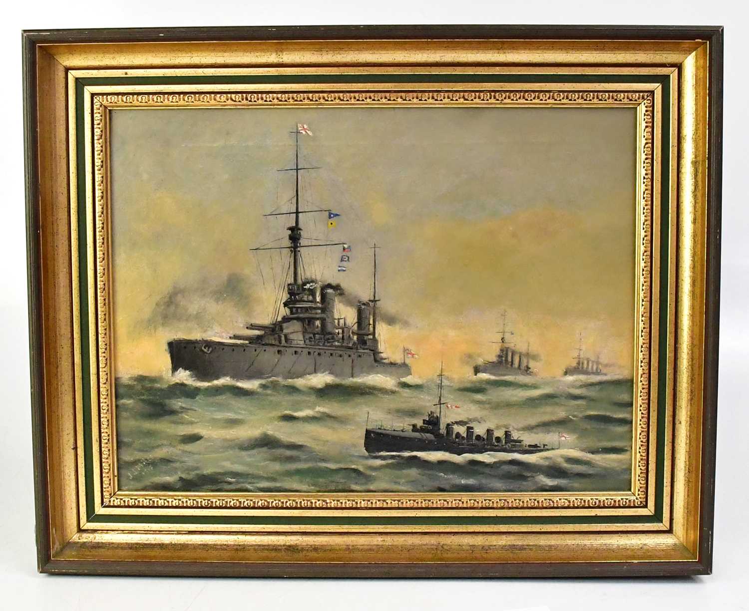 Lot 766 - J. J. MILES; oil on canvas, battleships on
