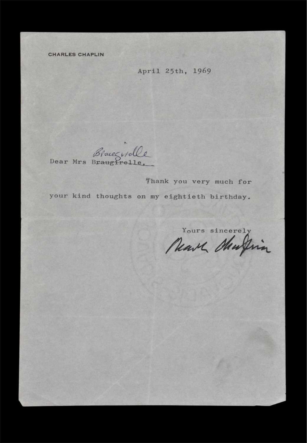 Lot 324 - CHARLIE CHAPLIN (1889-1977); signed typed