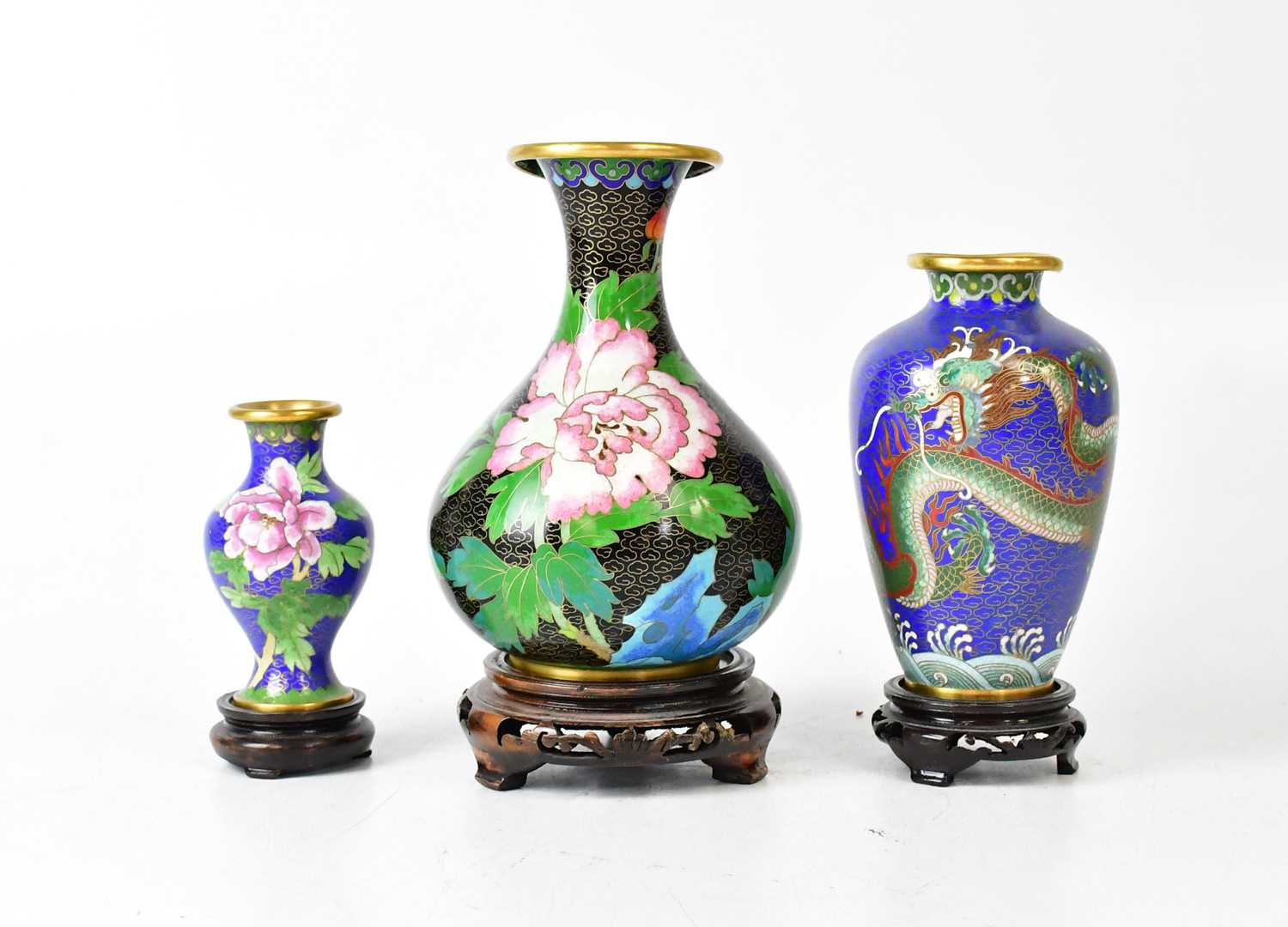 Lot 343 - Three modern cloisonné vases, a black ground
