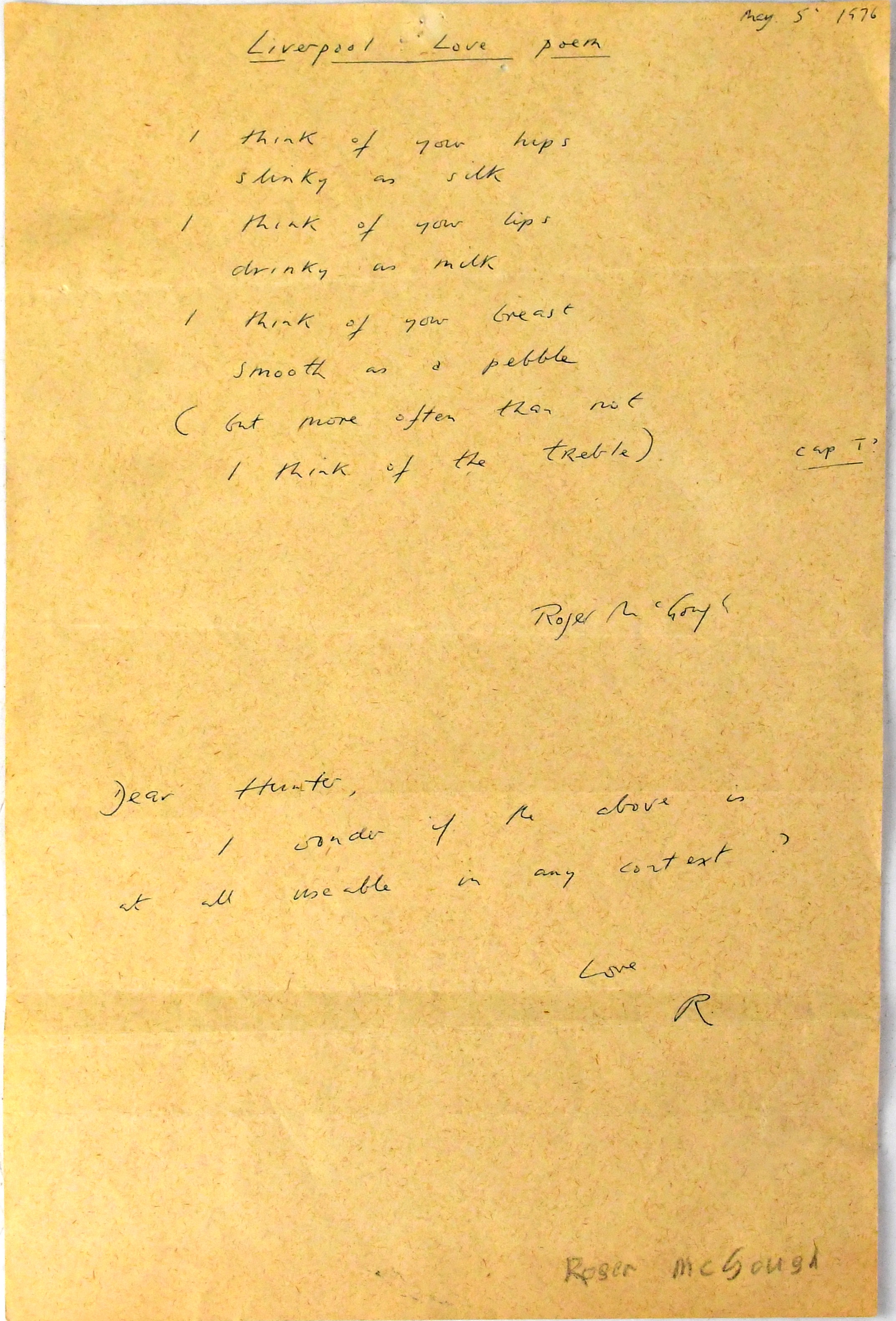 Lot 652 - ROGER JOSEPH MCGOUGH; a handwritten poem by