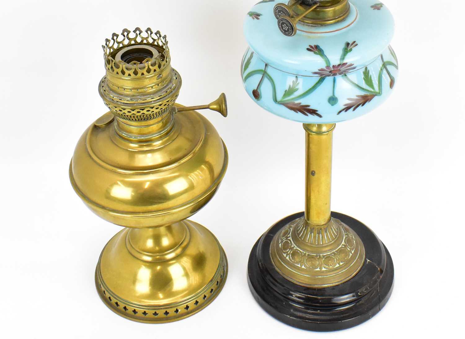 Lot 93 - A Victorian paraffin lamp with painted blue