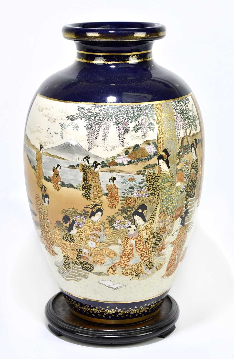 Lot 2252 - A large Japanese Satsuma vase, wooden stand,