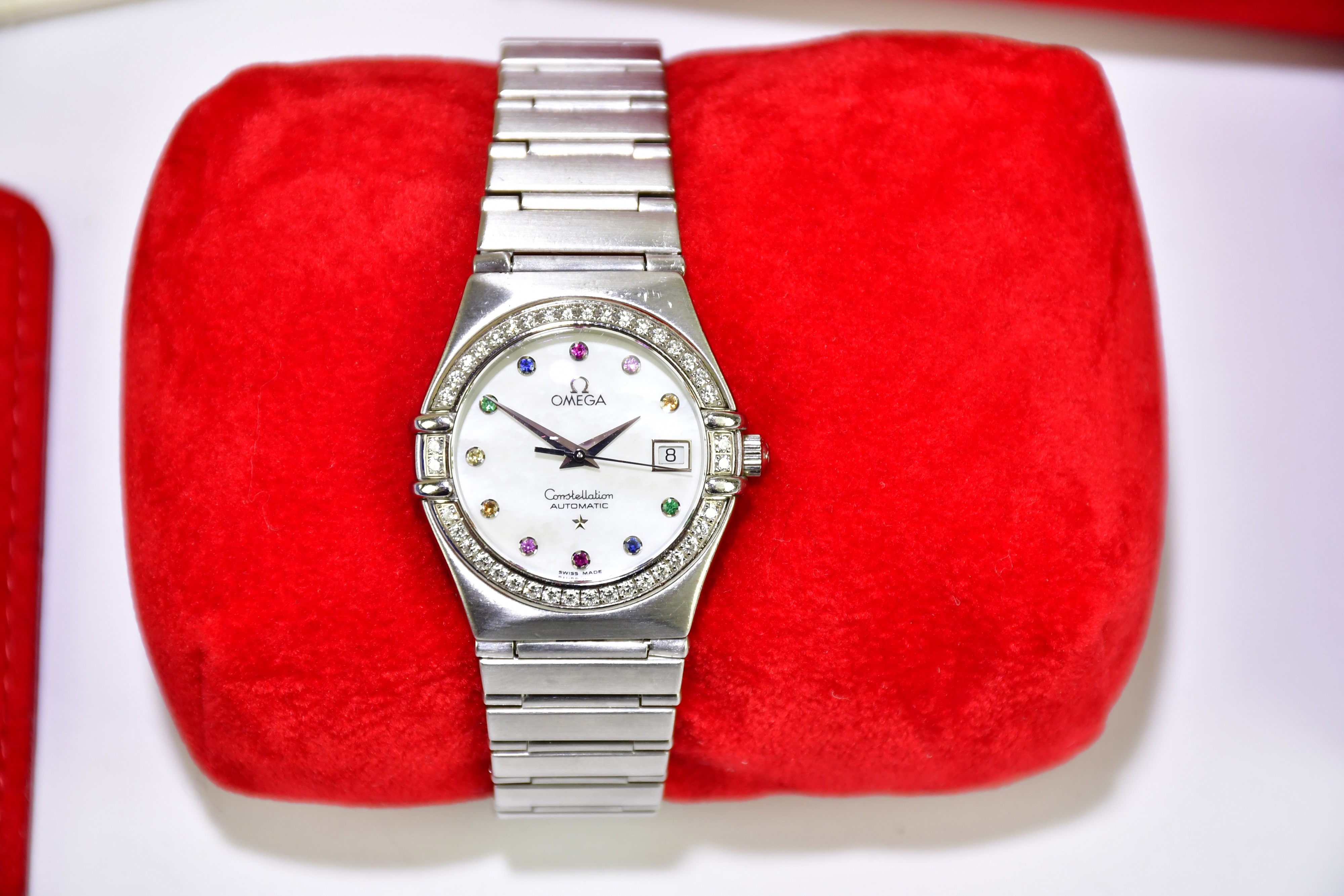 Lot 436 - OMEGA; a lady's stainless steel wristwatch
