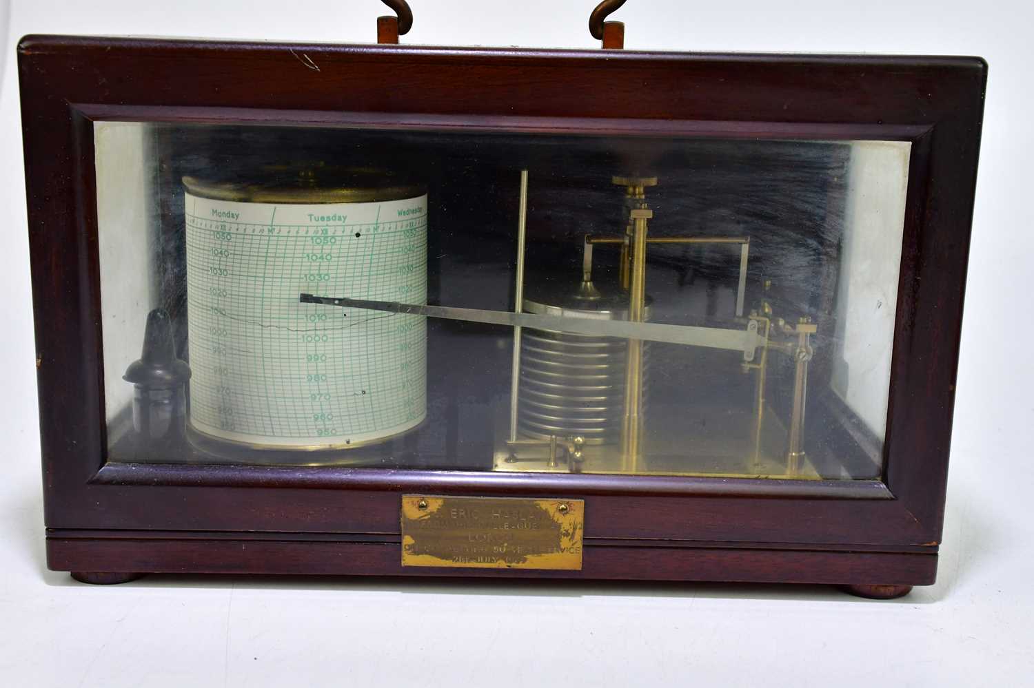 Lot 1127 - A cased barograph with applied presentation