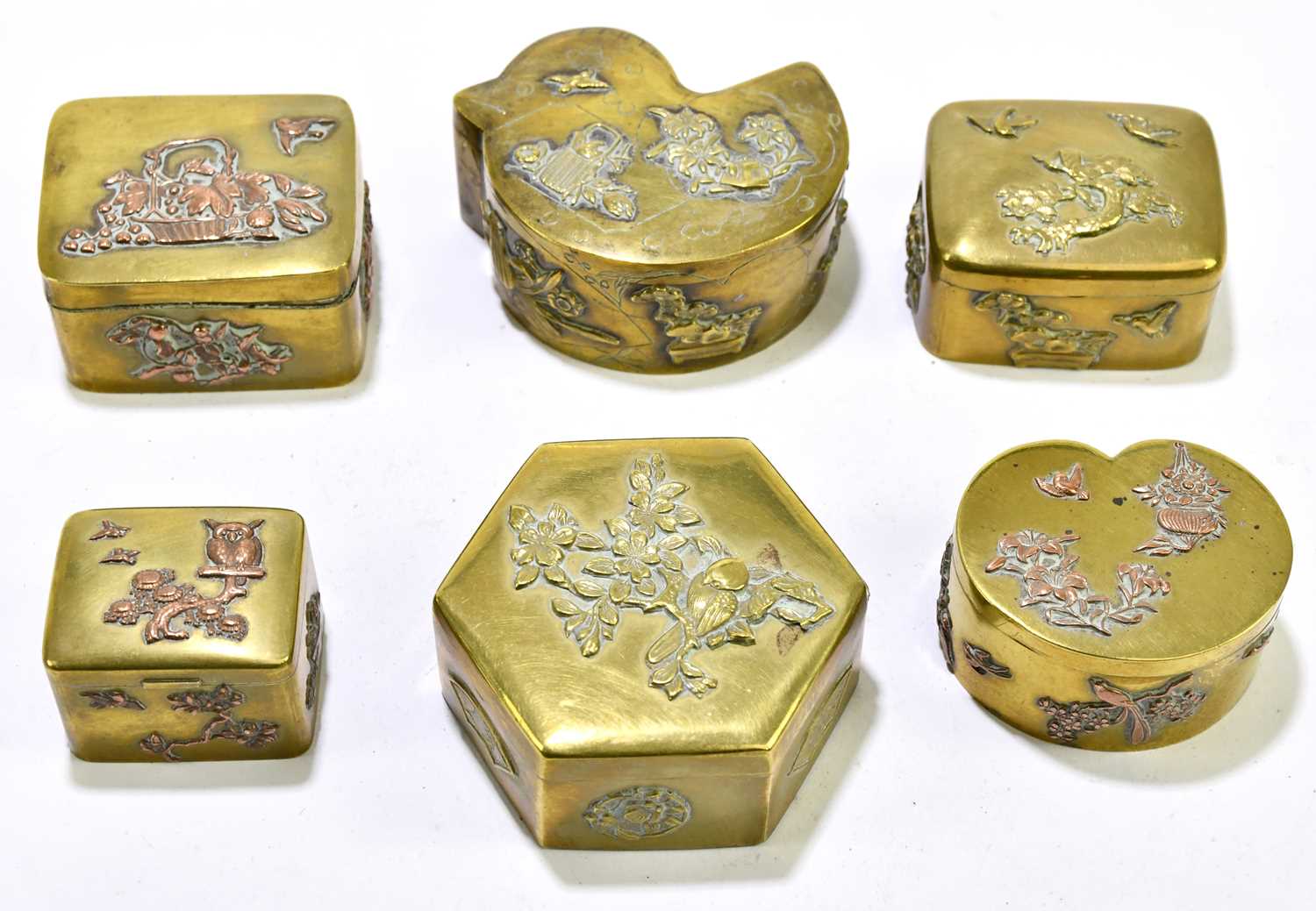 Lot 2120 - Six Chinese brass snuff boxes of different