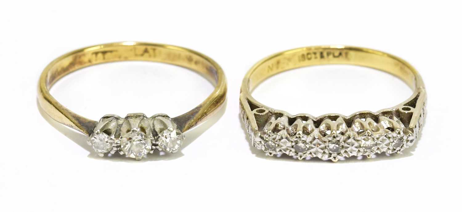 Lot 786 - Two 18ct yellow gold diamond set dress rings,