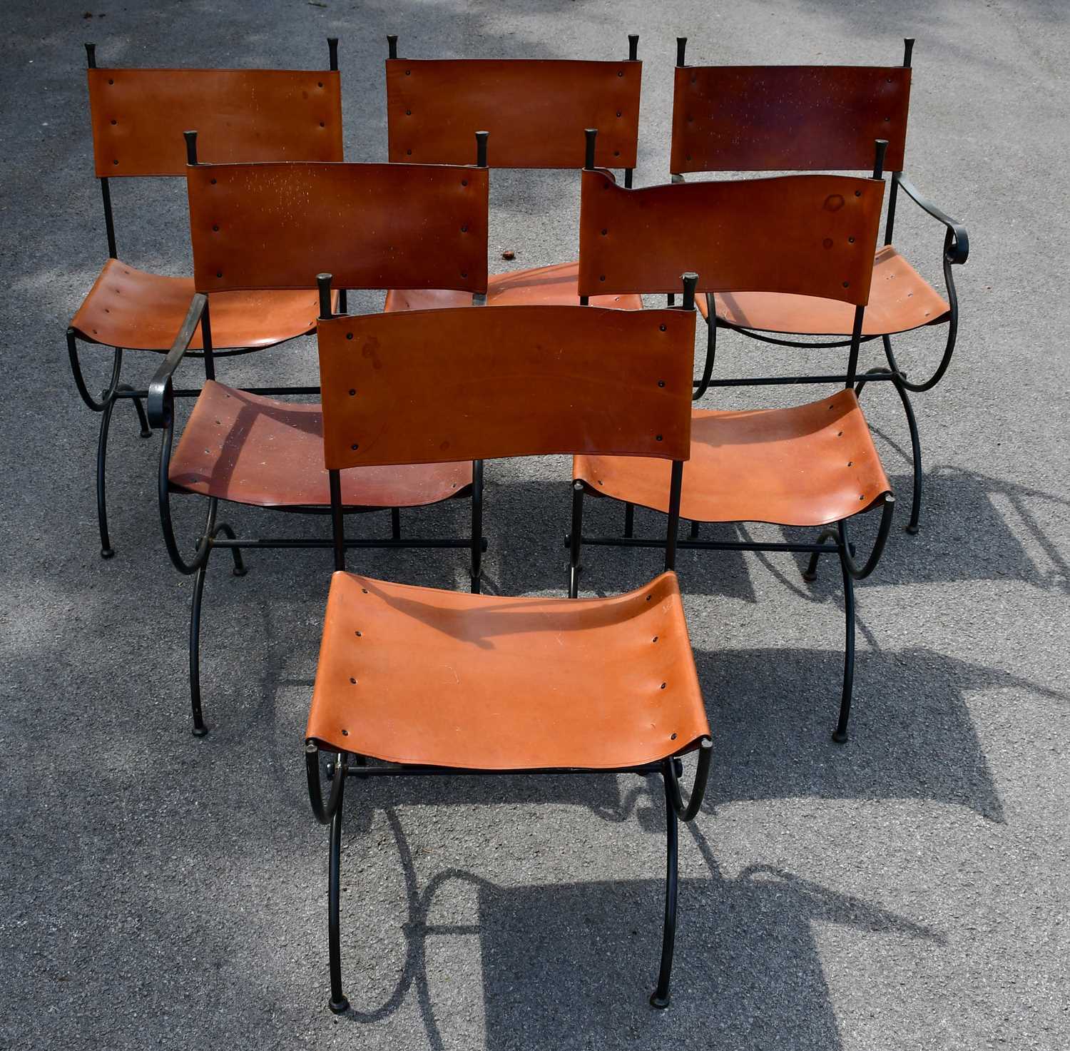 Lot 2606 - Six cast metal X-frame chairs with leather