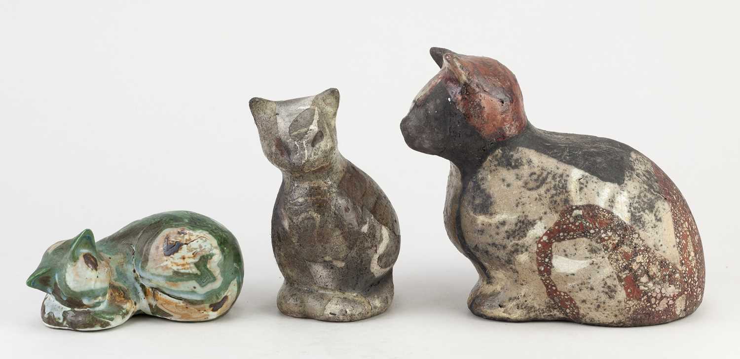 Lot 456 - JOAN DOHERTY (born 1949); a trio of raku cat