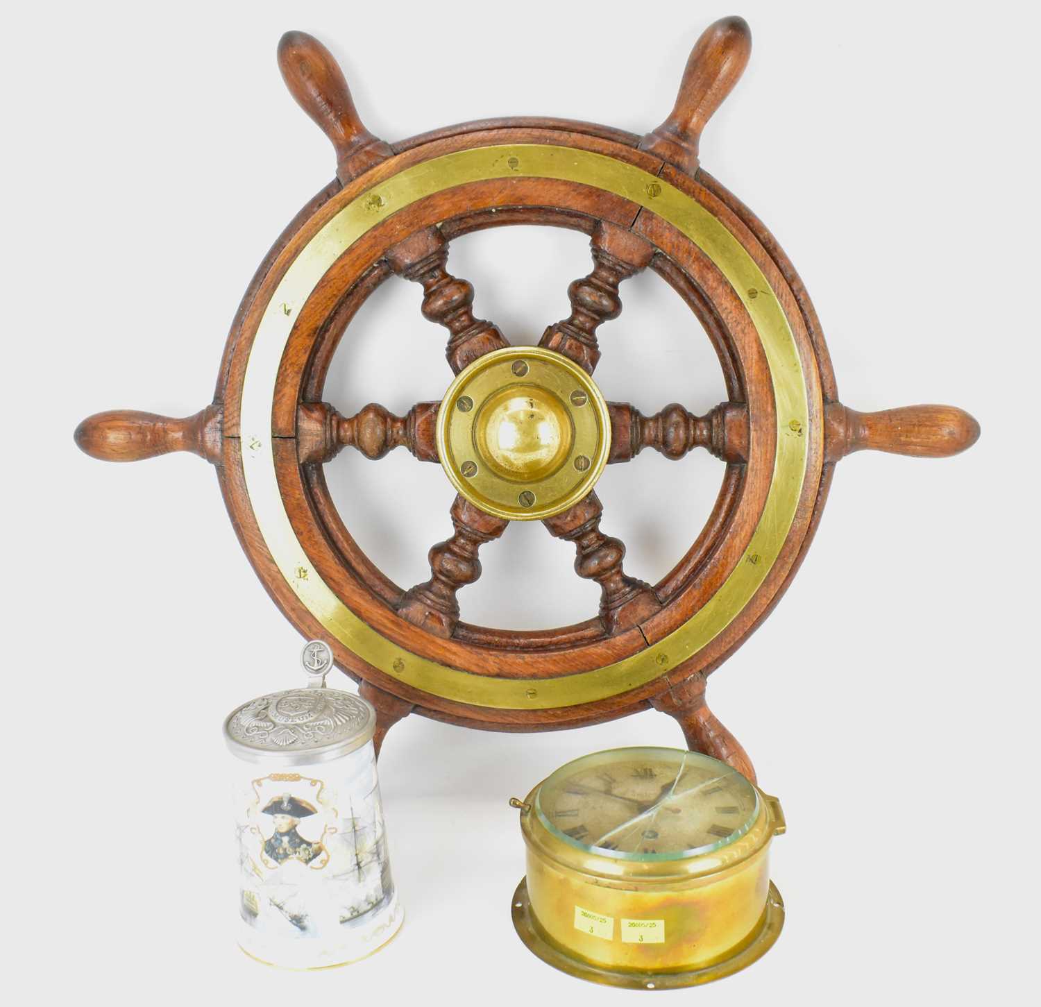 Lot 241 - A ship's oak and brass inset wheel, diameter