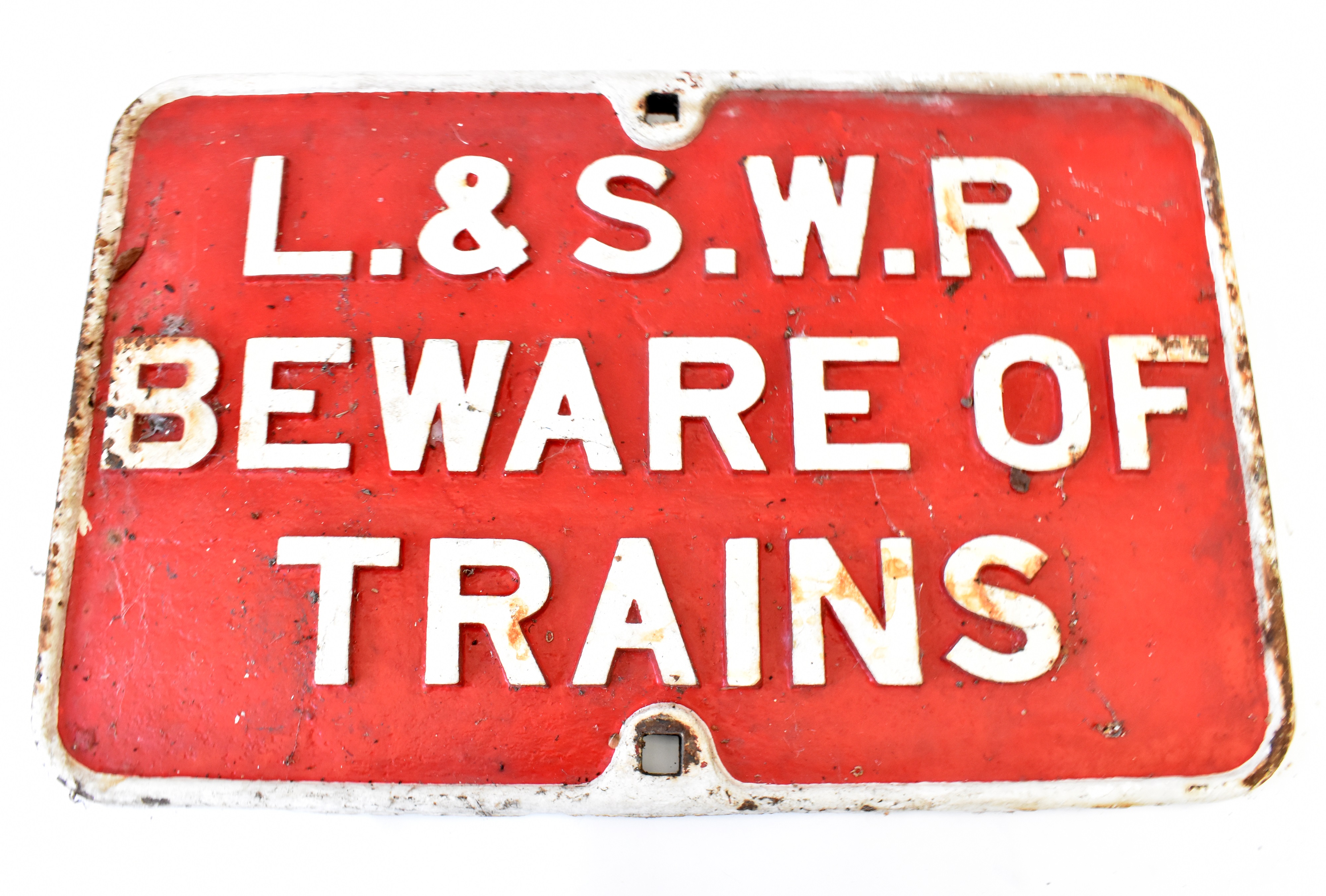 Lot 7 - RAILWAYANA; L&SWR cast iron sign 'Beware Of