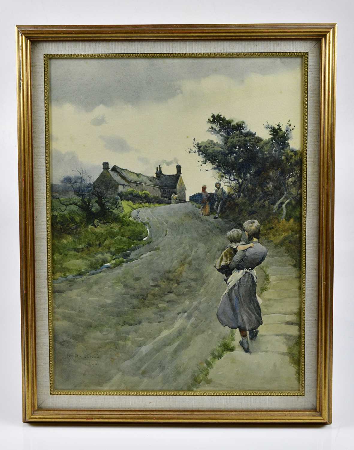 Lot 316 - M.R. JONES; watercolour, girl and child