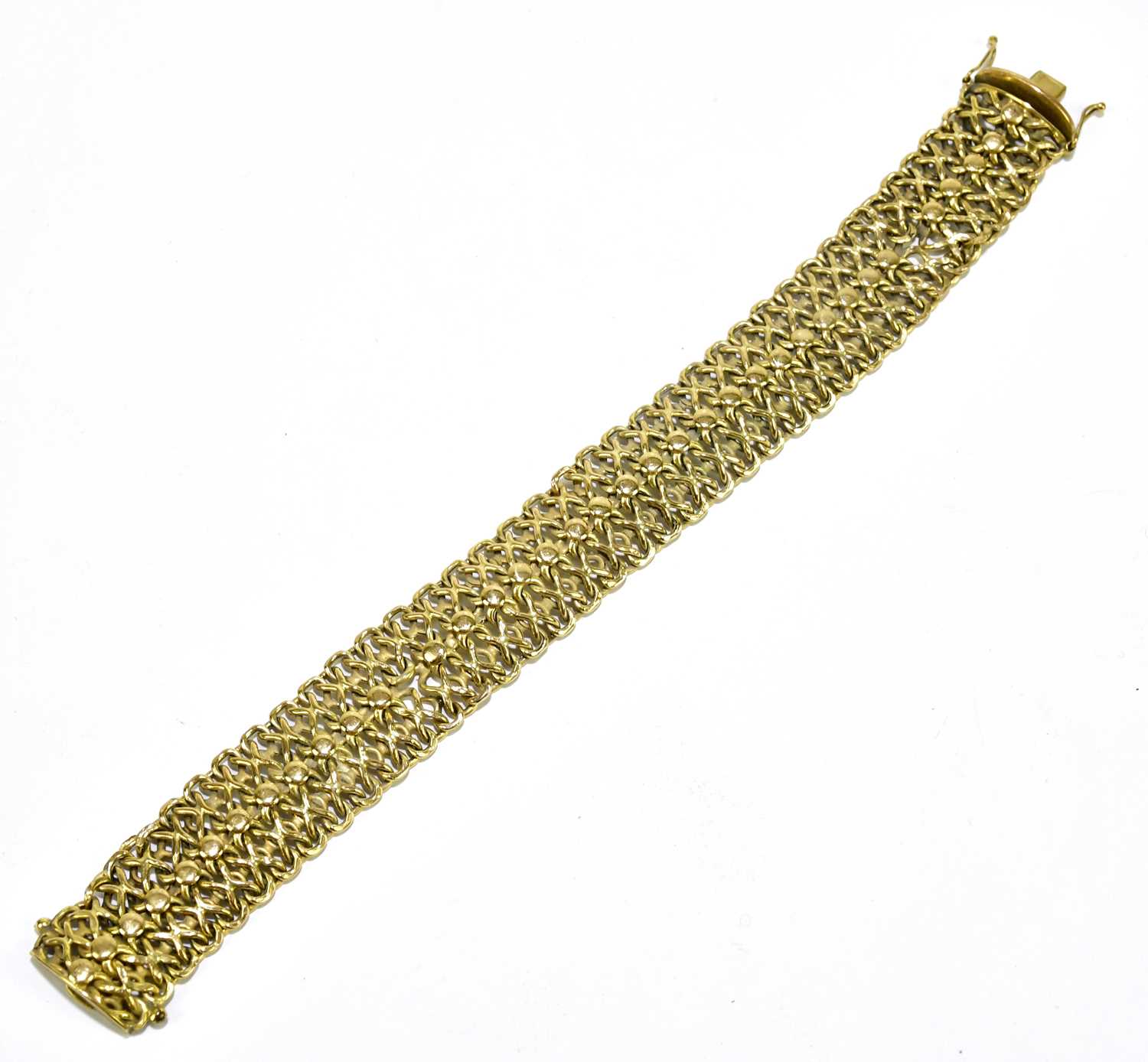 Lot 170 - A yellow metal mesh link bracelet stamped