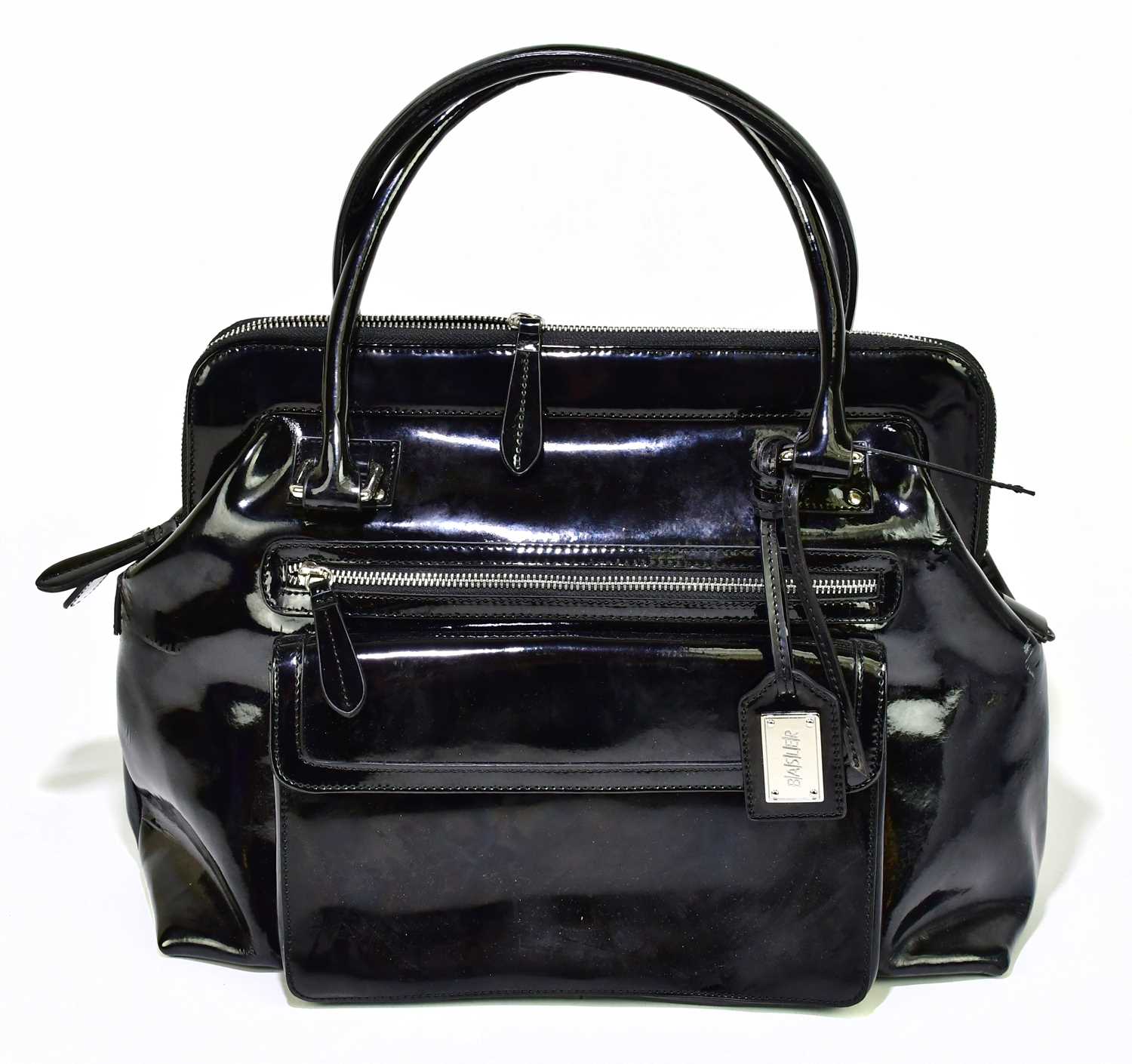 Lot 714 - BASLER; a large black patent leather handbag