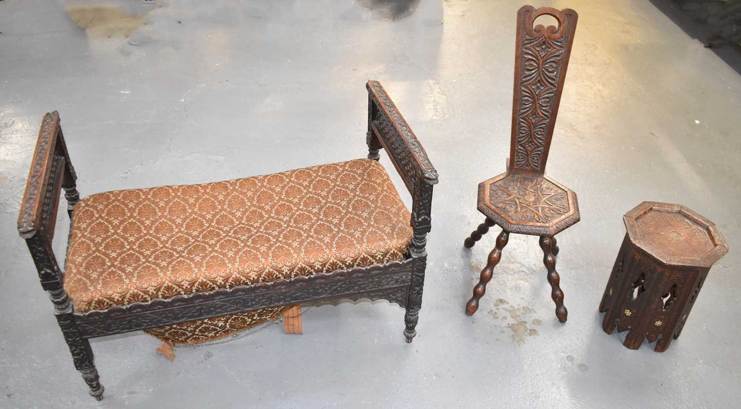 Lot 38 - A Victorian carved oak hall seat, width 91cm,