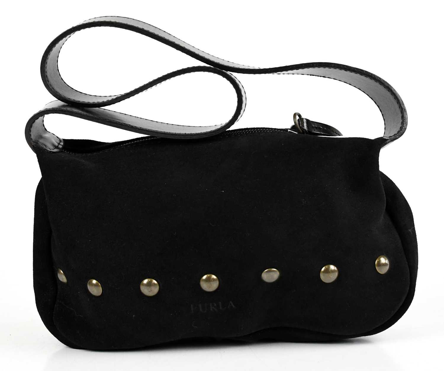 Lot 713 - FURLA; a black suede shoulder bag trimmed