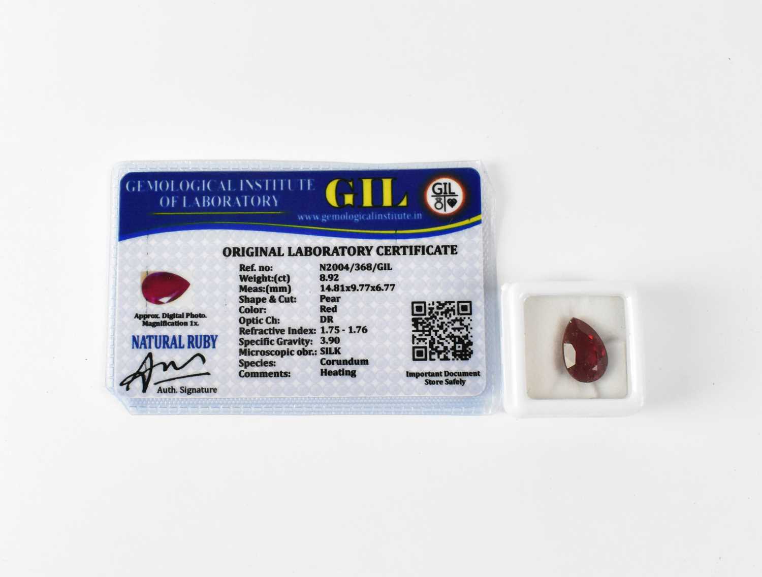 Lot 1147 - A loose 8.92ct pear-shaped ruby with GIL
