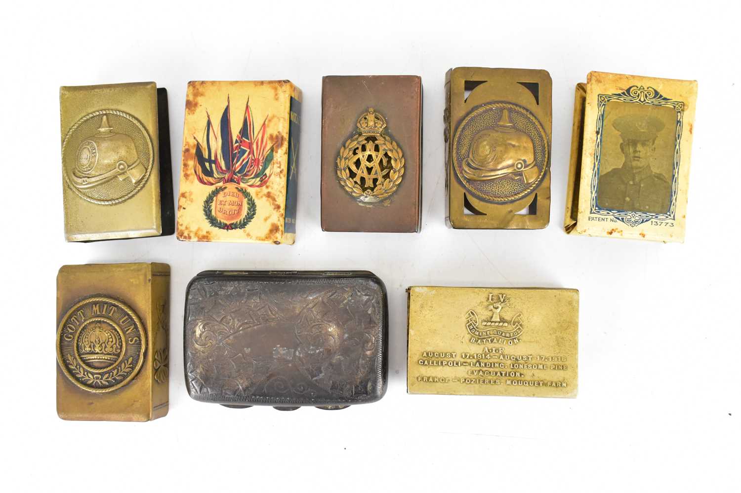 Lot 519 - Seven WWI period metal matchbox covers,
