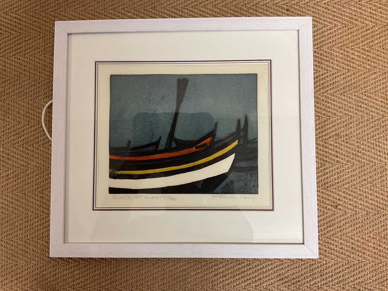 Lot 377 - FRANCIS KELLY; lino cut, 'Boats at Night',