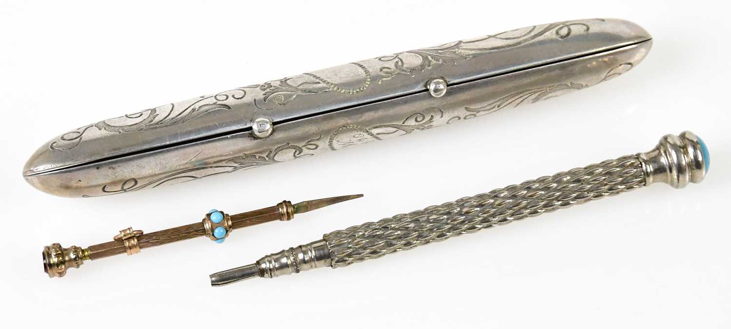 Lot 2560 - A white metal engraved ovoid cigar tube,