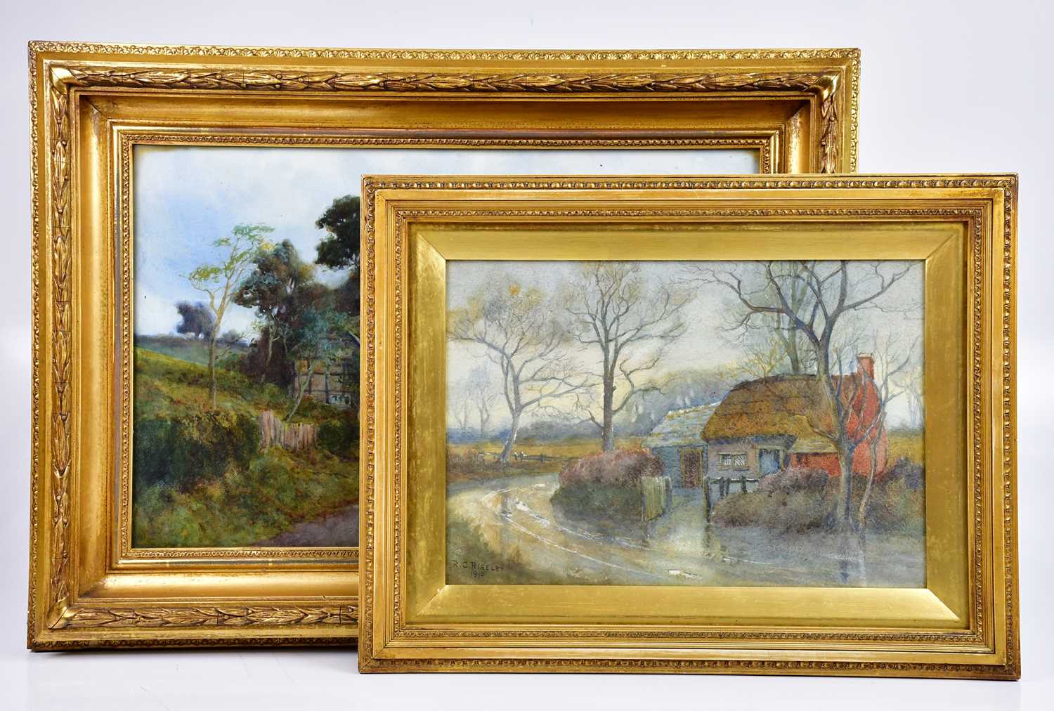 Lot 348 - R C RISELEY; watercolour, thatched cottage,