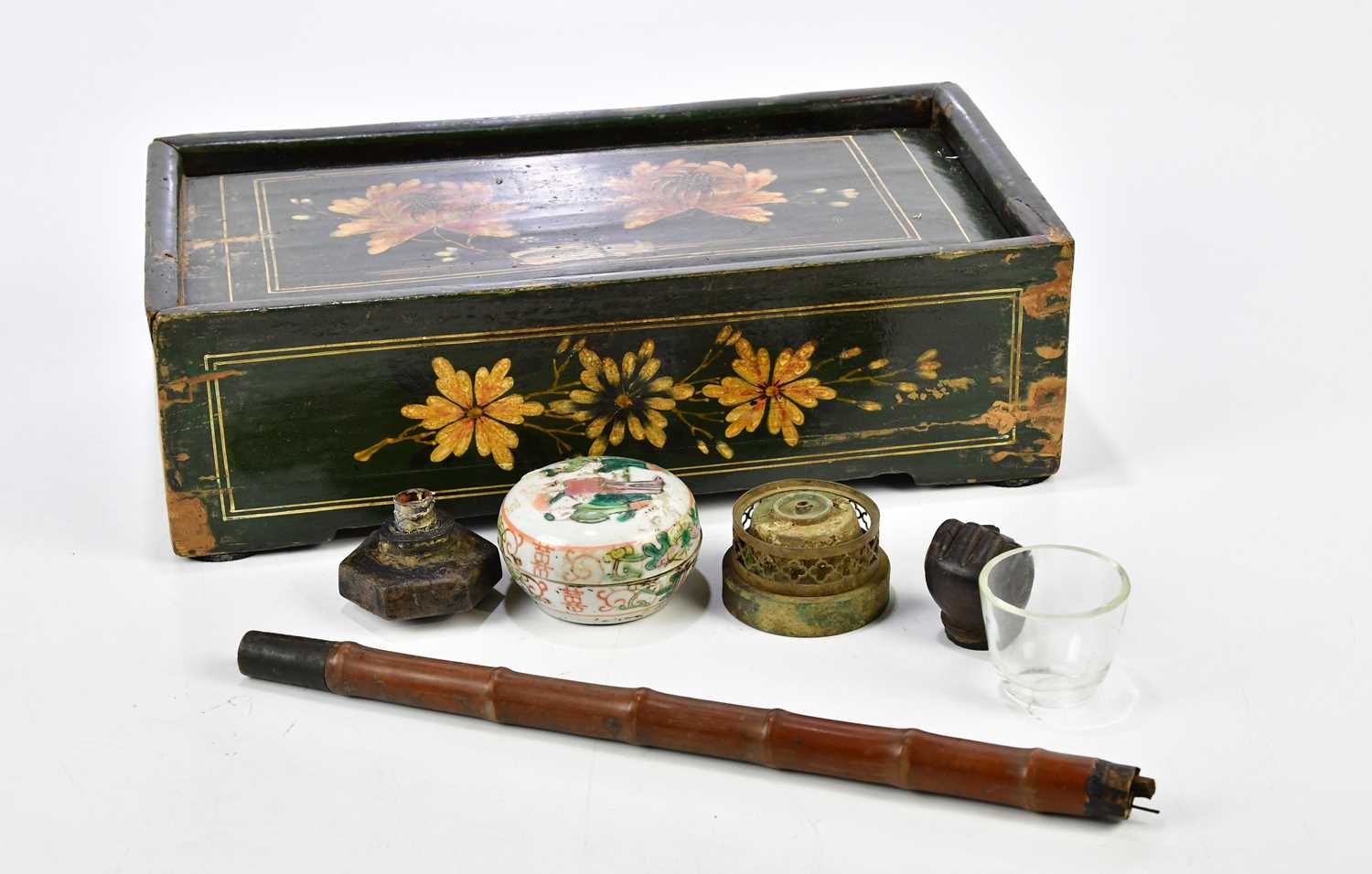 Lot 1048 - A Chinese hand painted elm opium set,
