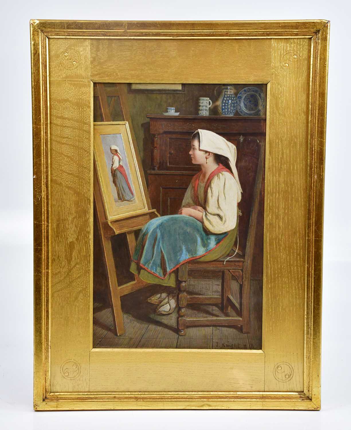 Lot 307 - J KNIGHT; watercolour, a Dutch lady sitting