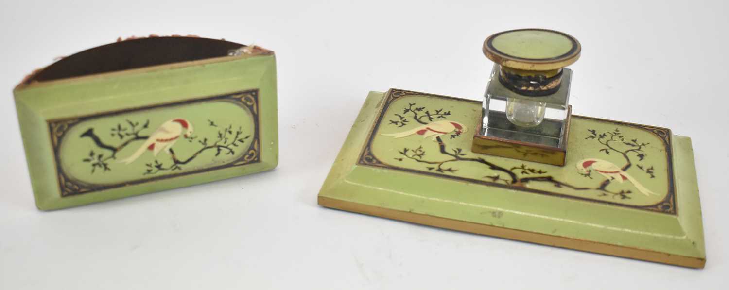 Lot 351 - An Art Deco style green enamel inkwell,