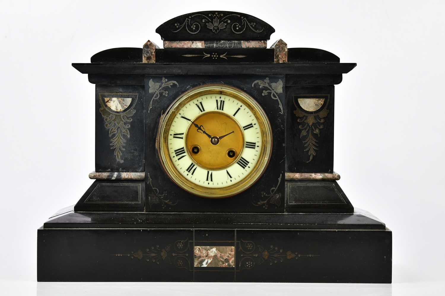 Lot 6415 - A Victorian slate mantel clock, the white