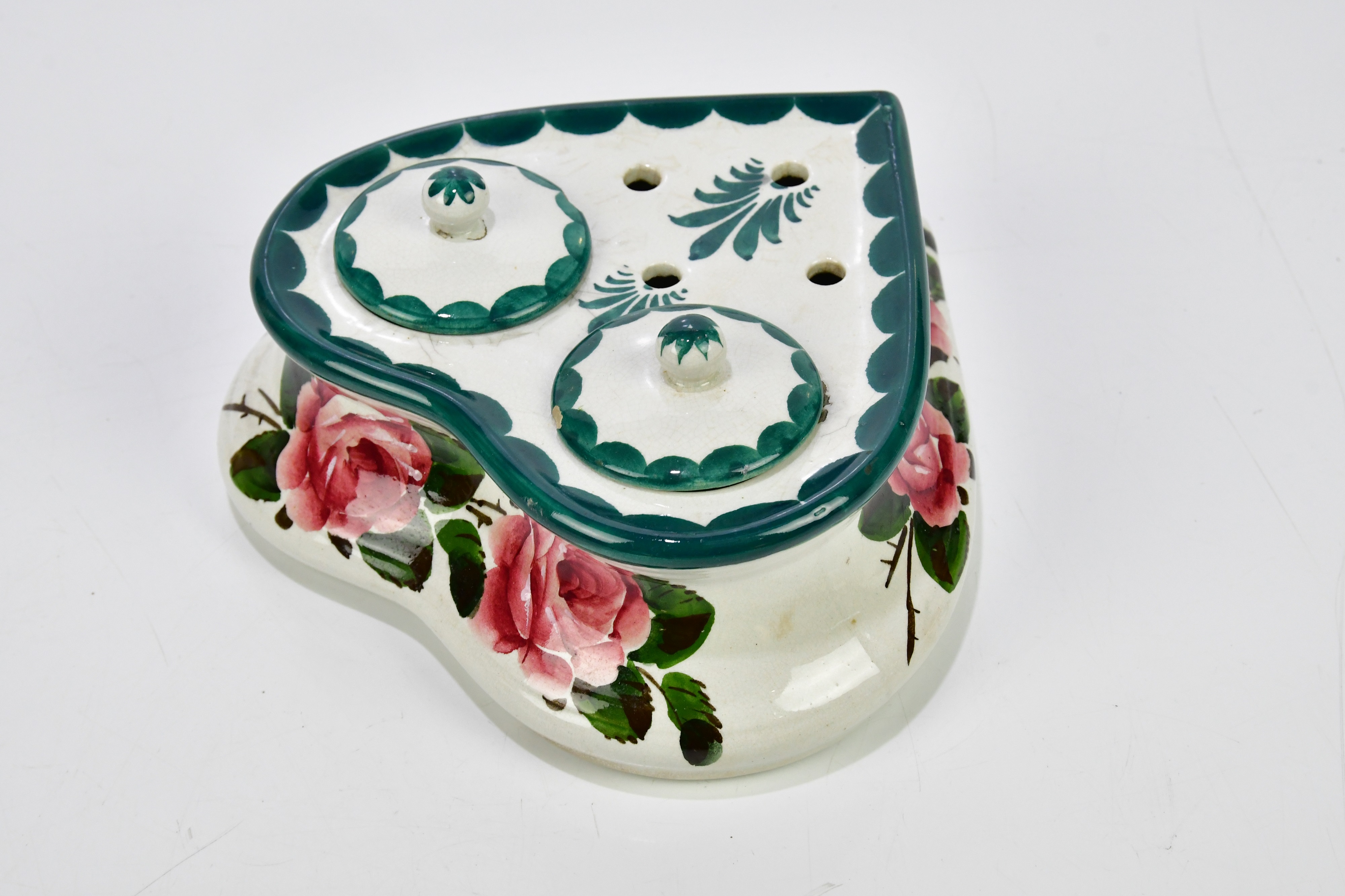 Lot 207 - WEMYSS WARE; a ceramic heart shaped inkwell