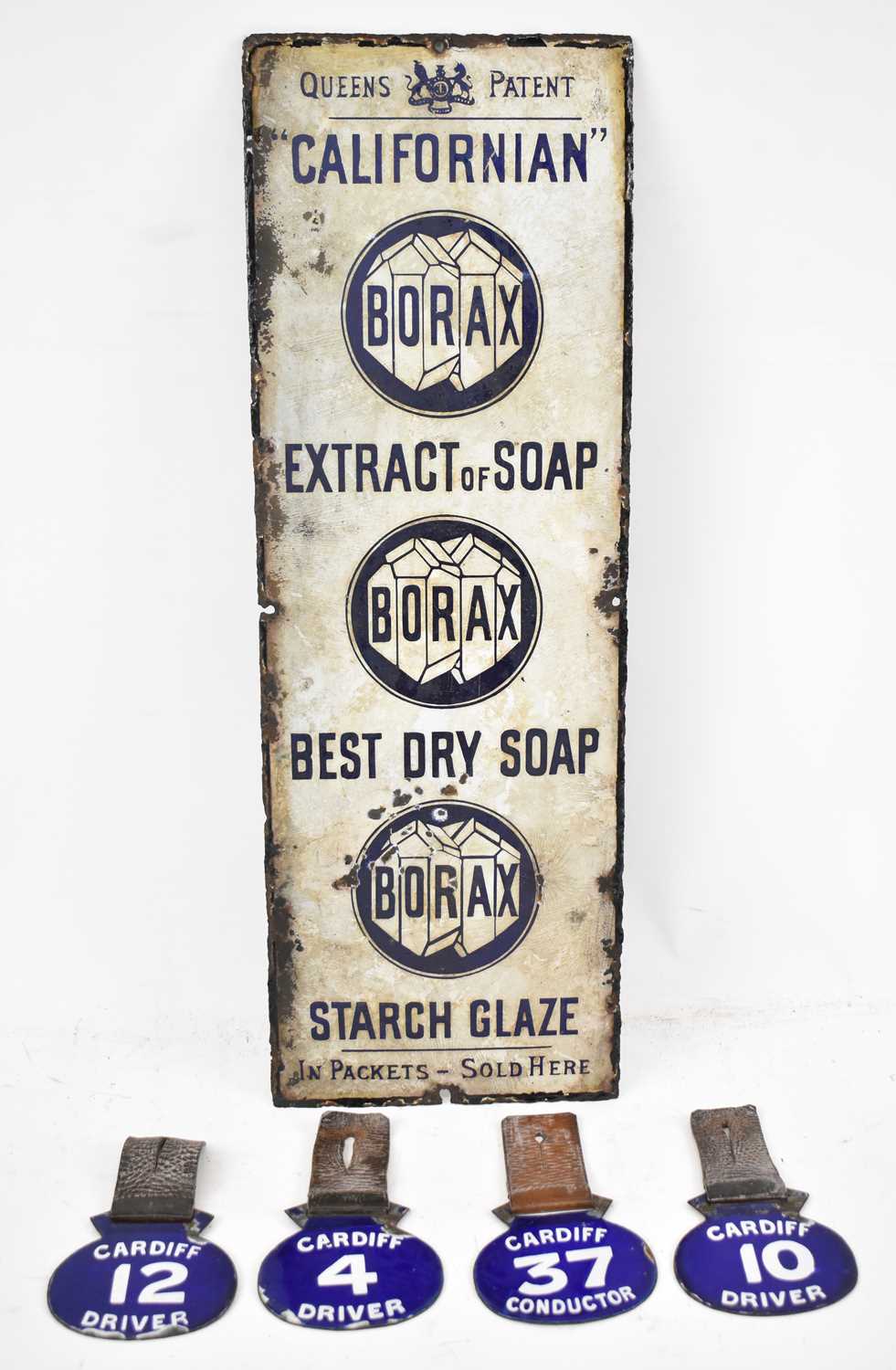 Lot 352 - A Queens Patent 'Borax' enamel sign and four