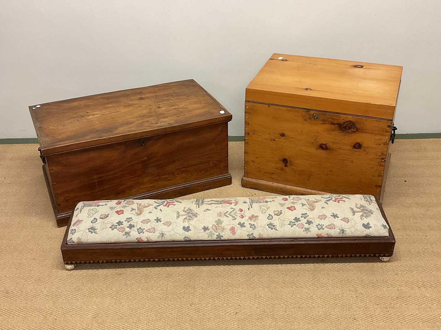 Lot 666 - Two wooden chests and a coach stool, larger,
