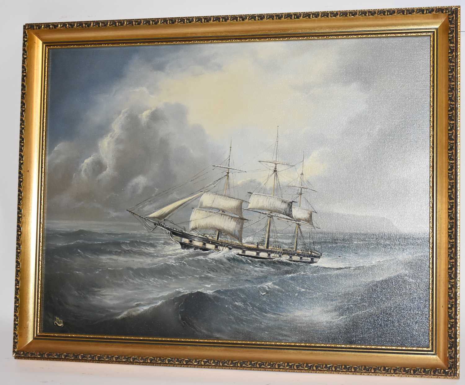 Lot 6179 - M. MOORE; oil on canvas, ship scene, signed