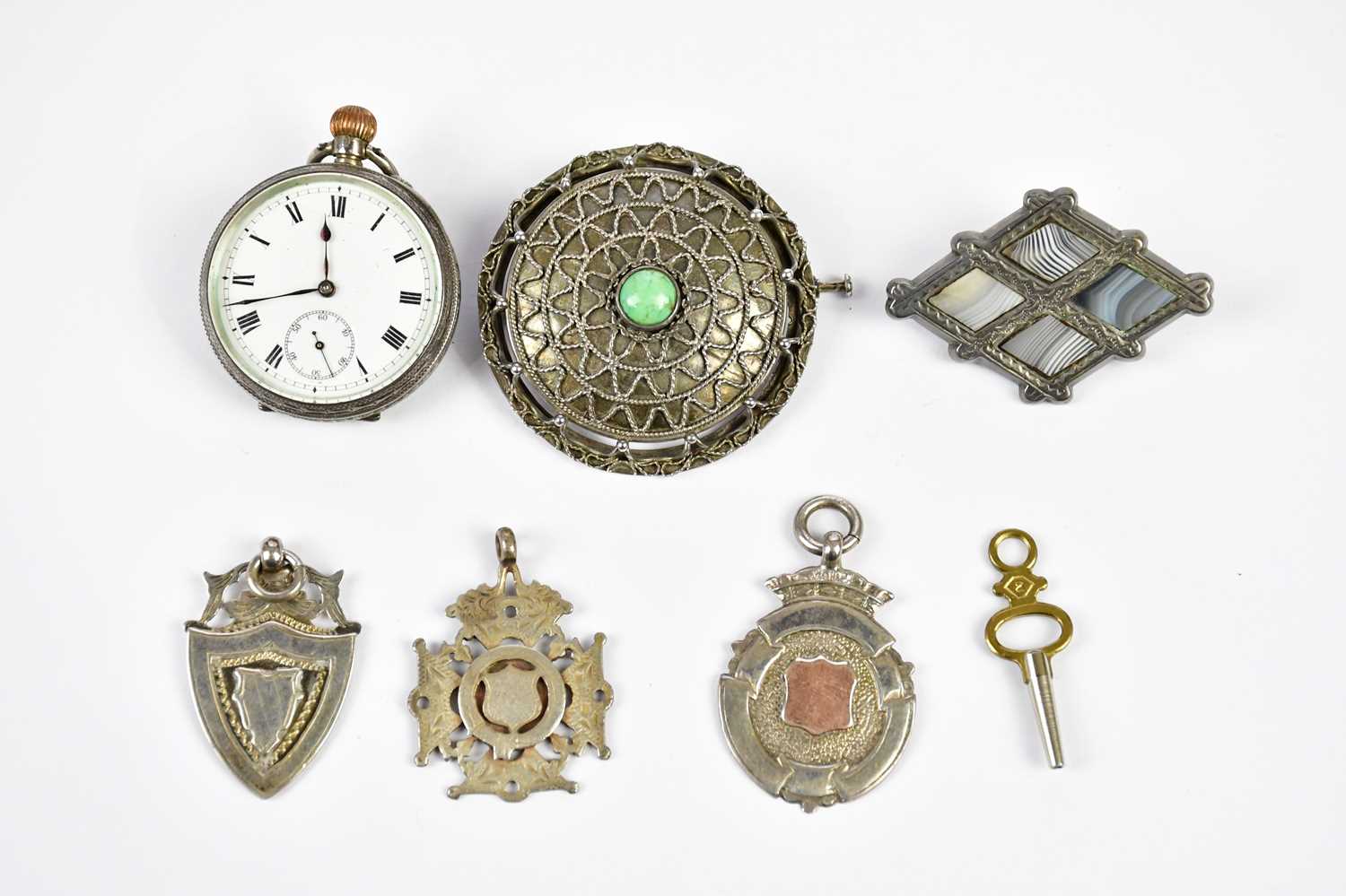 Lot 538 - Three hallmarked silver fob medals, a white