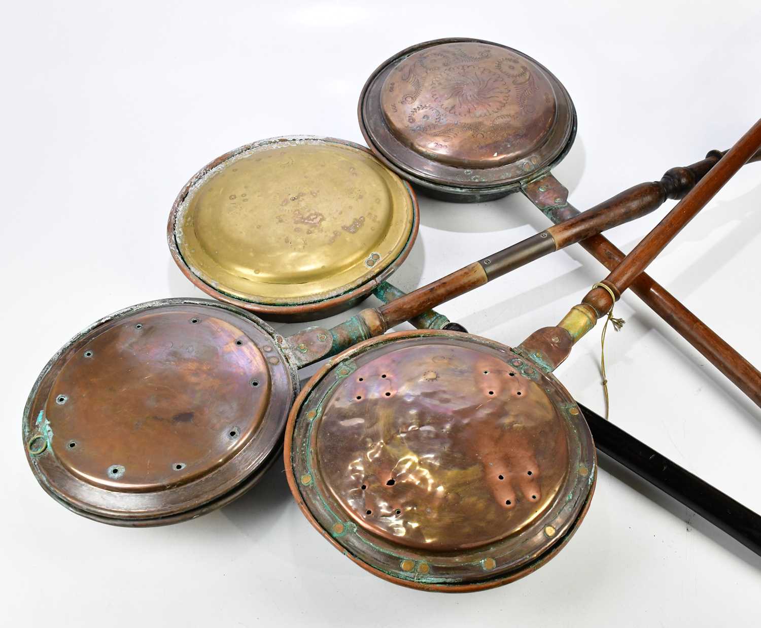Lot 362 - Four 19th century copper and brass warming