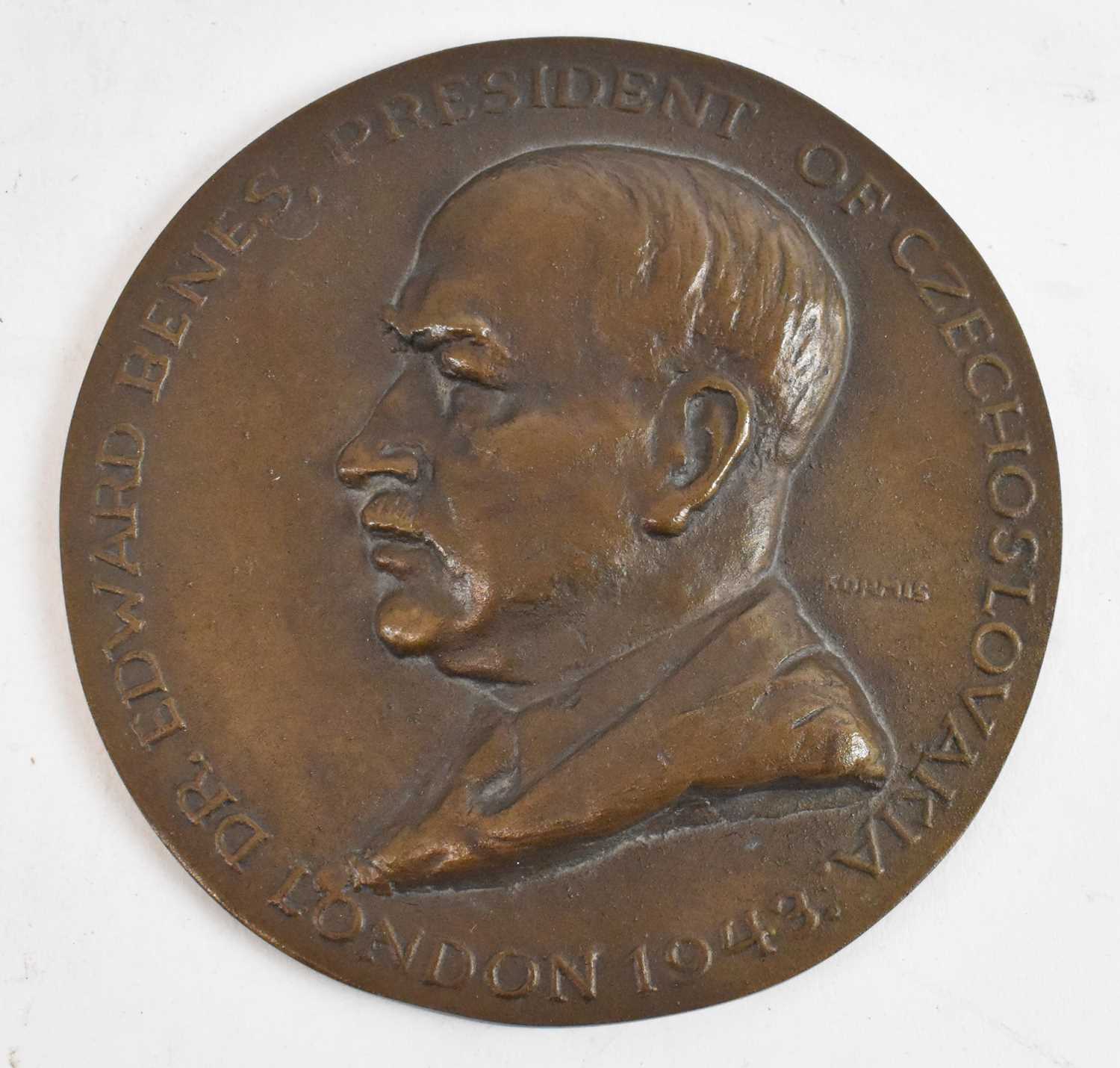Lot 670 - A circular bronze plaque of Dr. Edvard Benes,