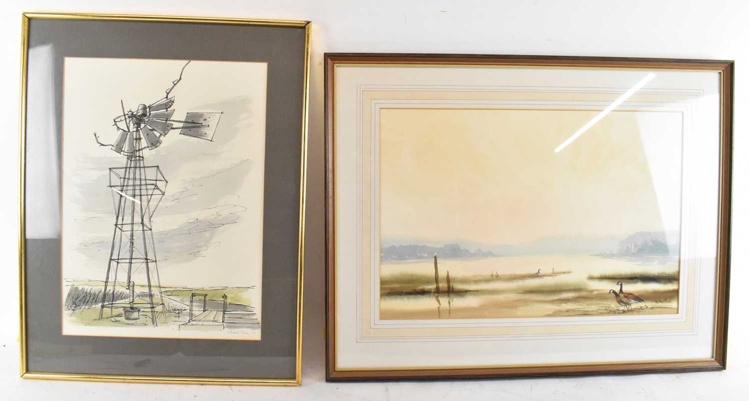 Lot 301 - A. BUTLER; watercolour coastal scene, 'Geese