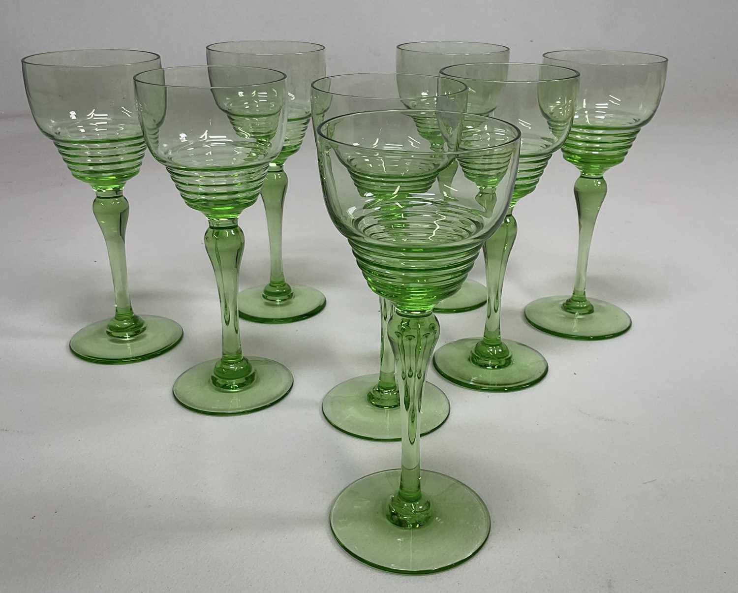 Lot 522 - STUART CRYSTAL; eight green Art Deco hock