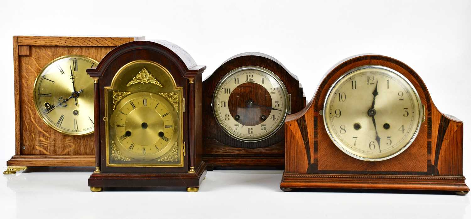 Lot 1511 - BRAVINGTONS; an oak cased mantel clock set