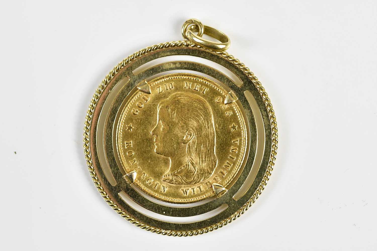 Lot 345 - A Dutch gold coin, 1897, set in 9ct pierced