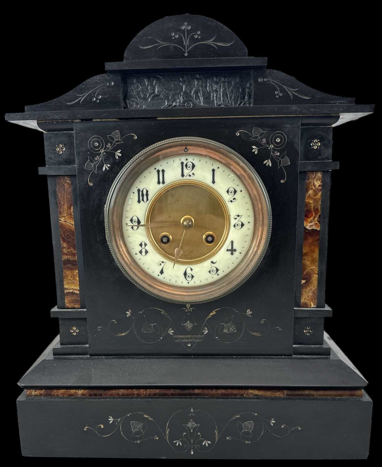 Lot 136 - A Victorian slate mantel clock with white