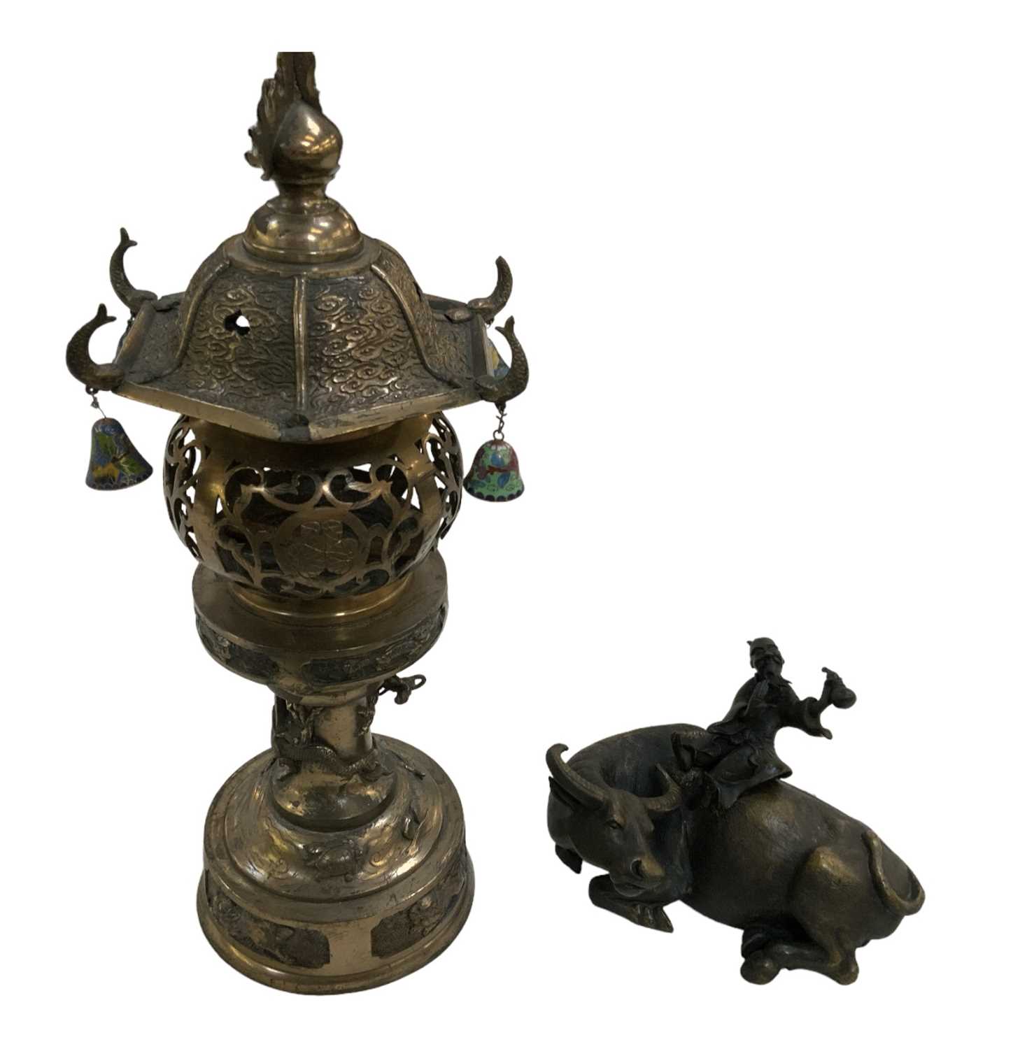 Lot 1090 - A Chinese gilt metal censer, with cloisonné