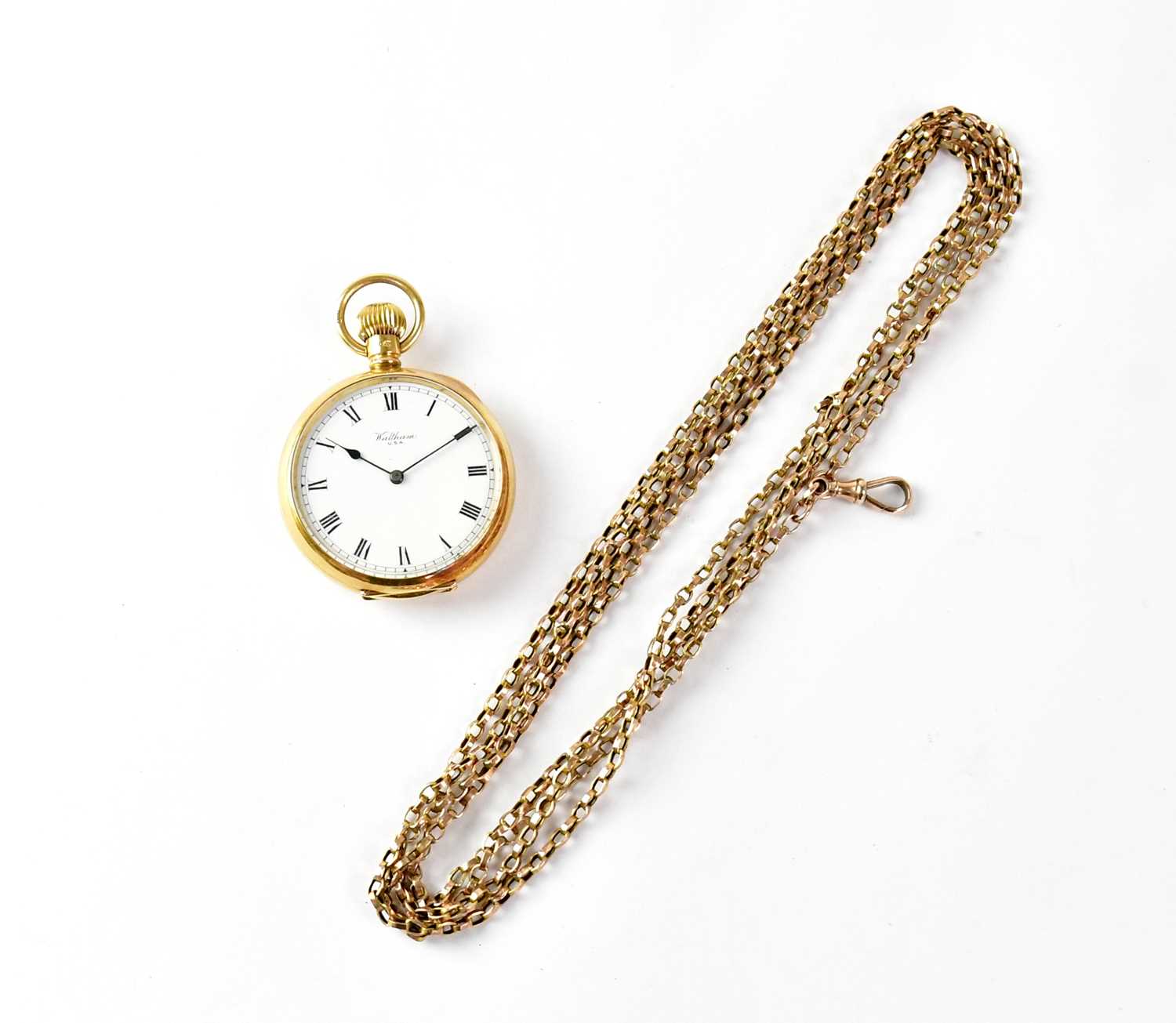 Lot 1053 - WALTHAM; an 18ct gold fob watch, the
