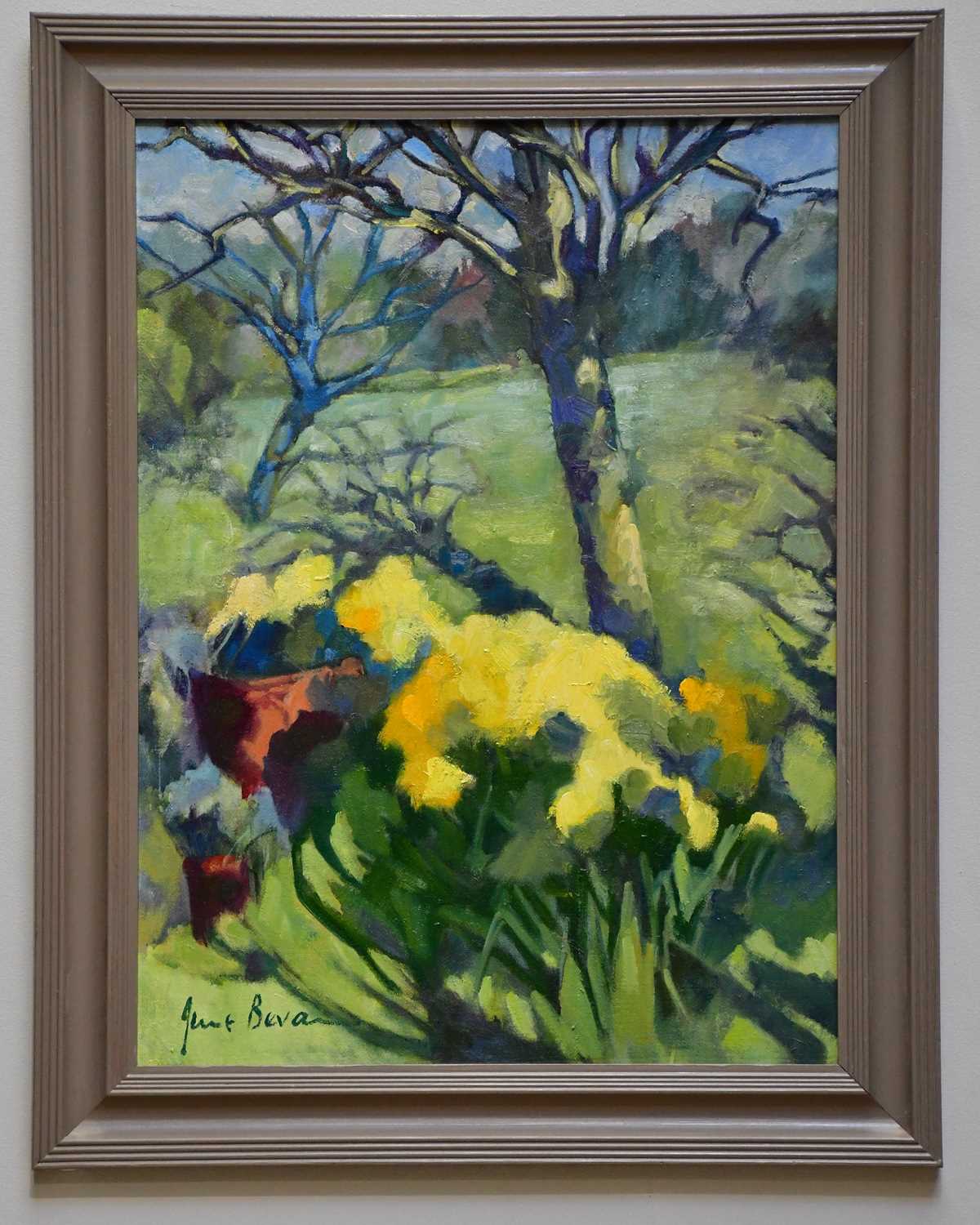 Lot 383 - JUNE BEVAN; oil on board, 'Dynamic Daffodils'
