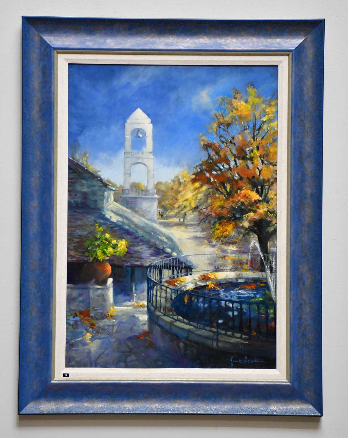 Lot 388 - JUNE BEVAN; oil on board, 'Tower in Greece',